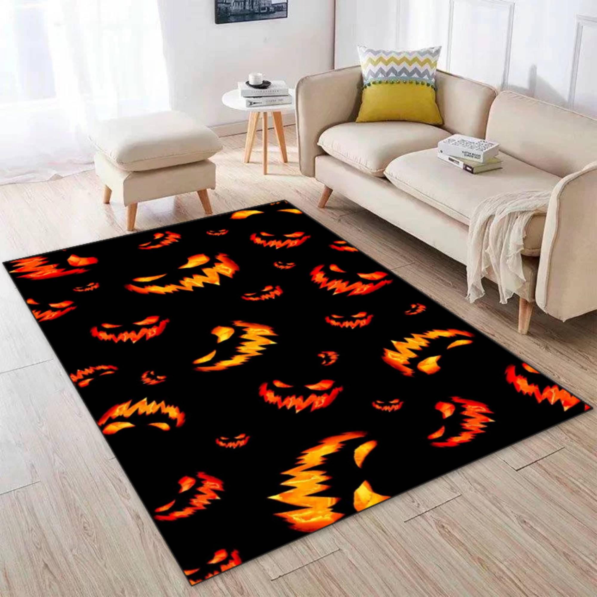 Scary Pumpkin Face Rug, Black Orange Halloween Carpet, Creepy Jack O ...