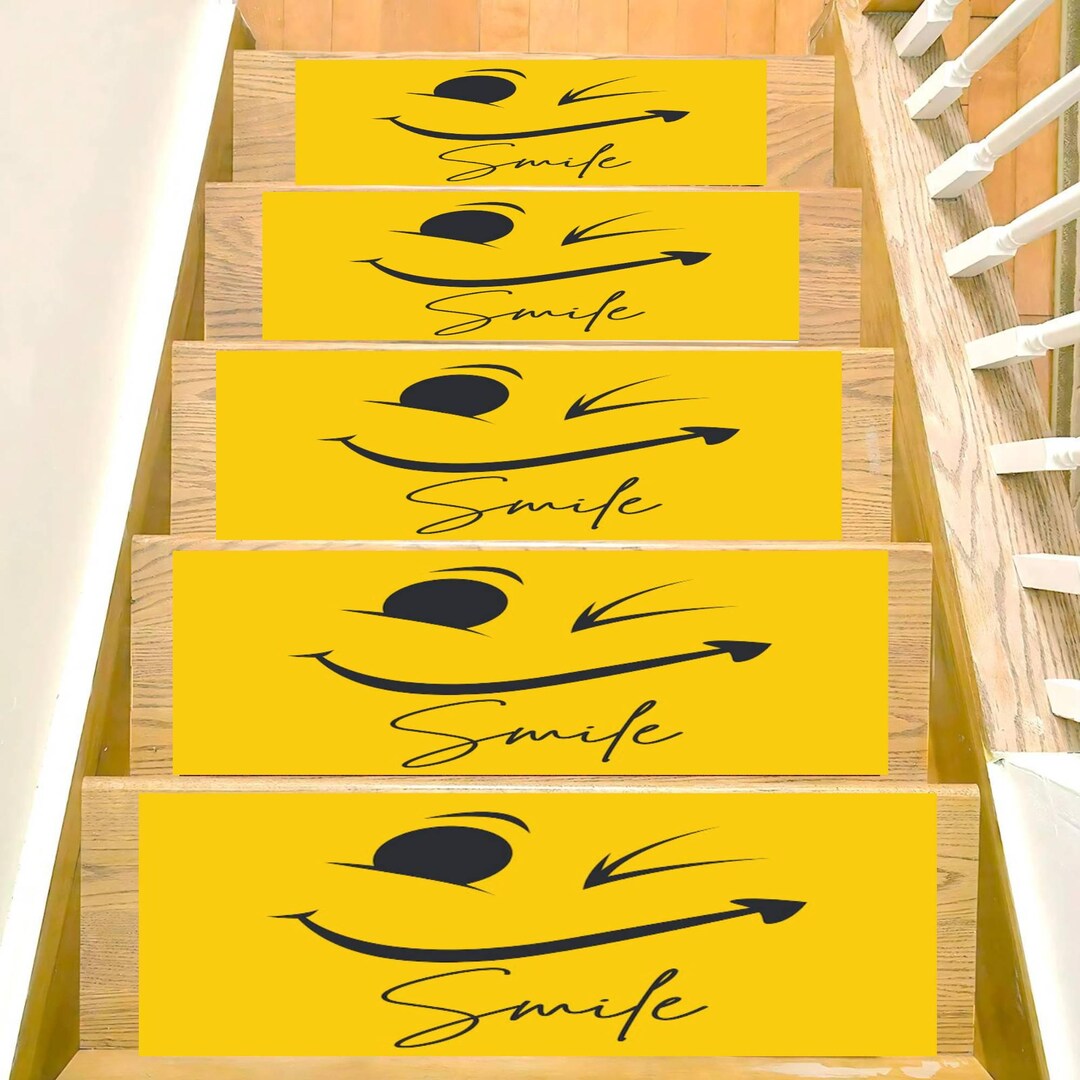 Yellow Smile Stair Treads Rug, Modern Minimalist Happy Emoji Step Decor ...