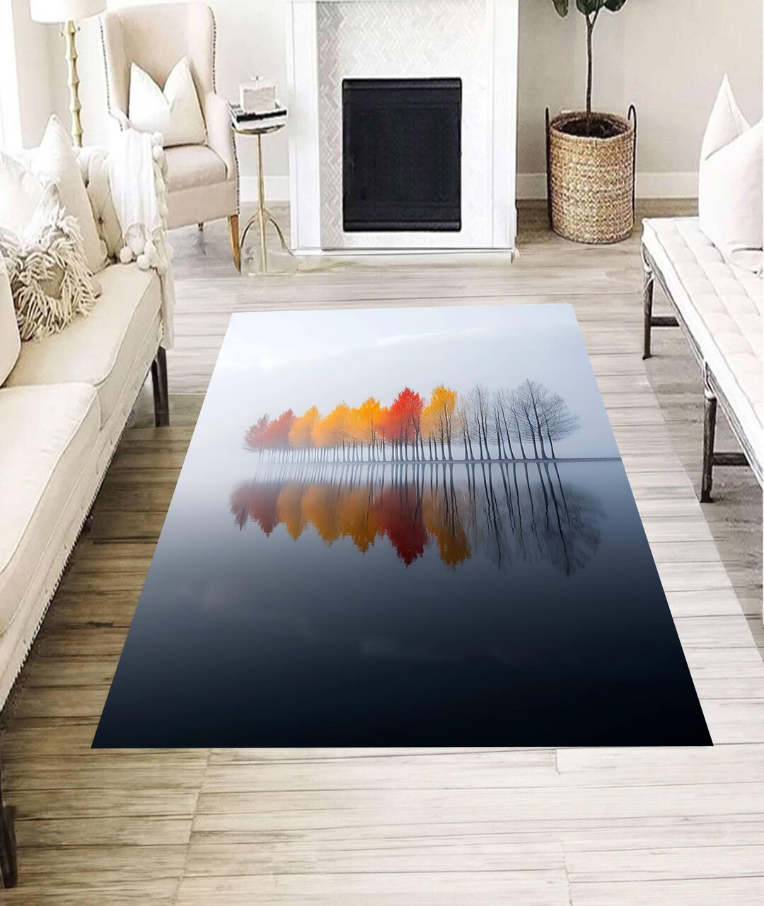 Nature Landscape Rug, Autumn Trees Reflection Carpet, Tranquil Forest ...