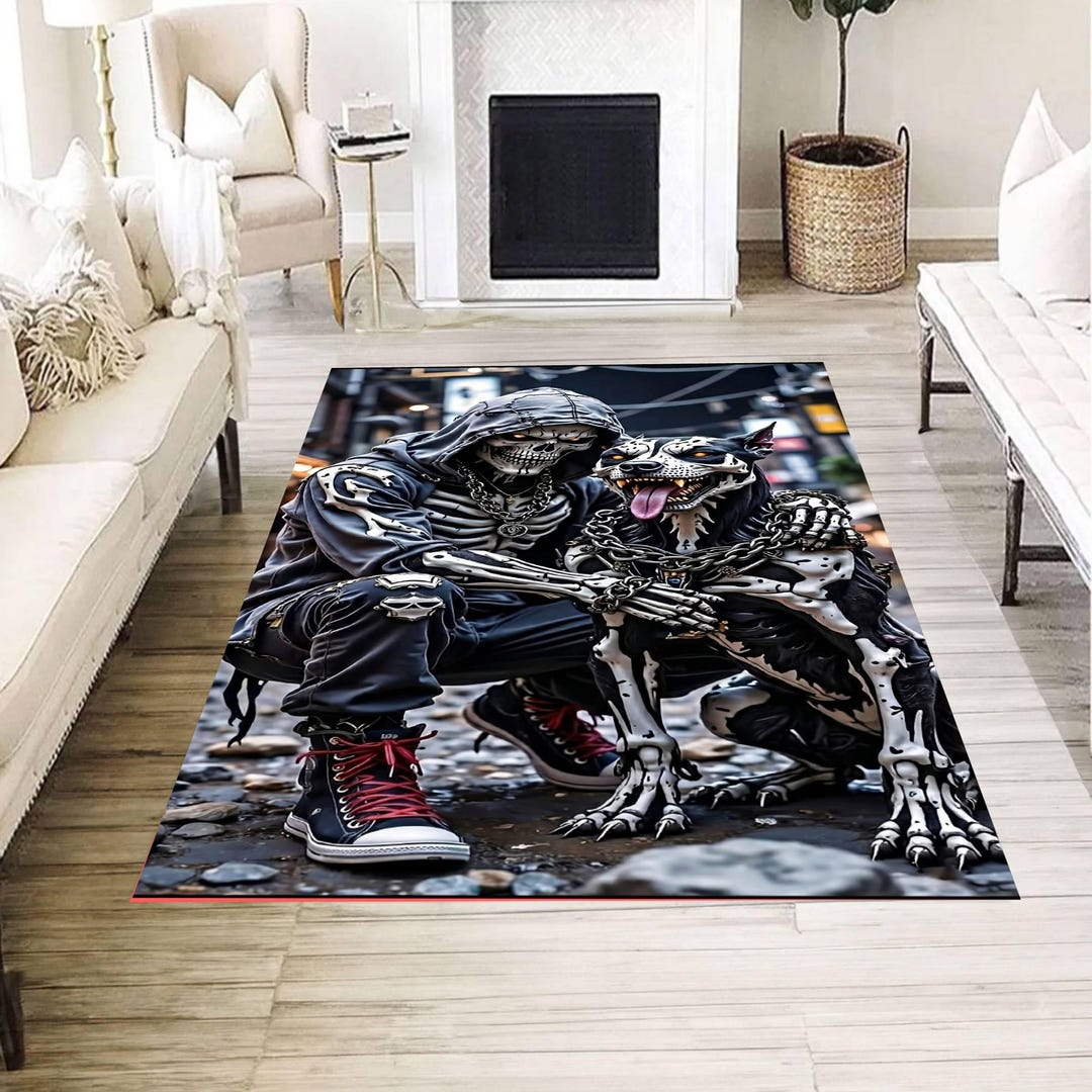 Gothic Skeleton Art Area Rug, Dark Street Style Reaper Dog Illustration ...