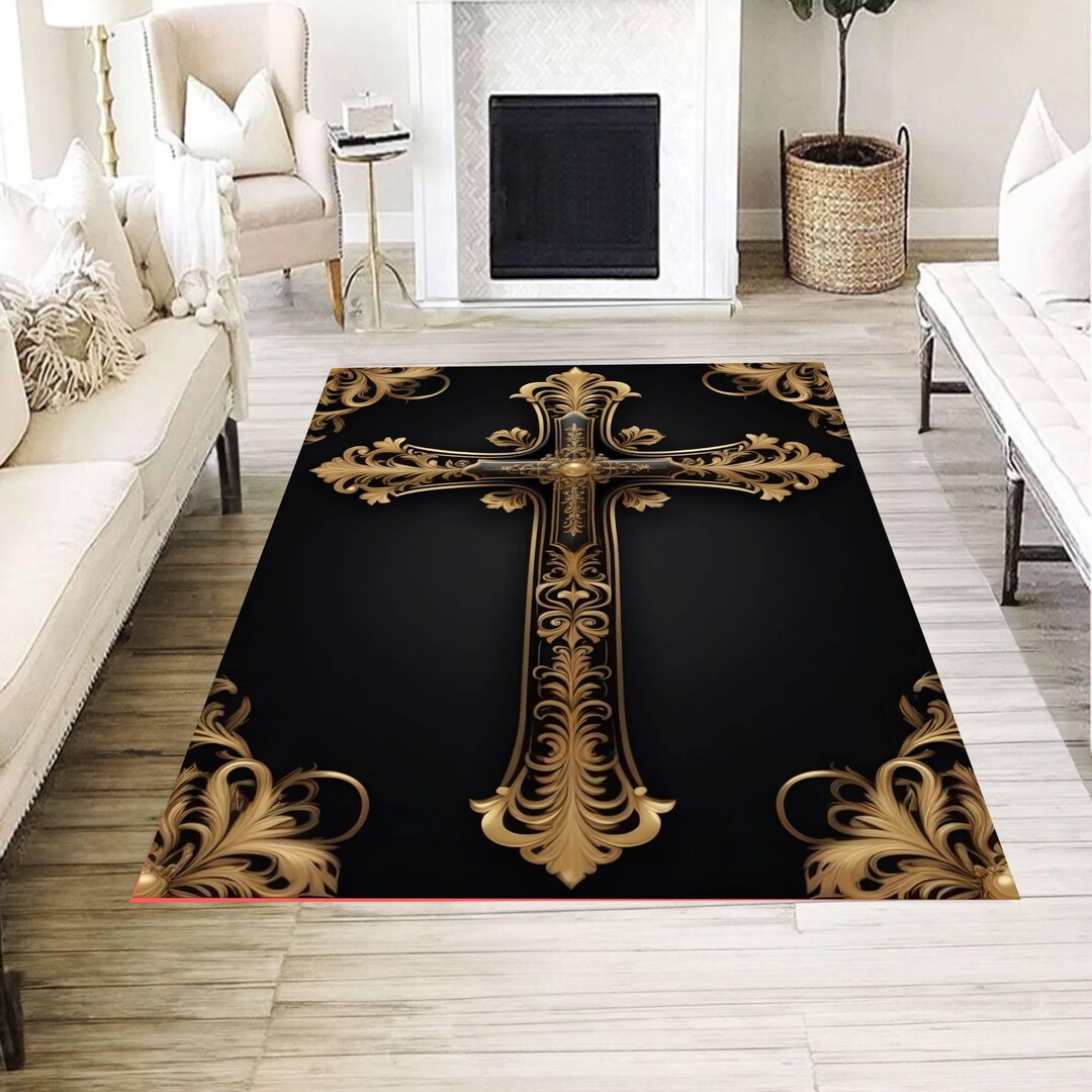 Ornate Christian Cross Area Rug, Black Gold Baroque Pattern Religious ...