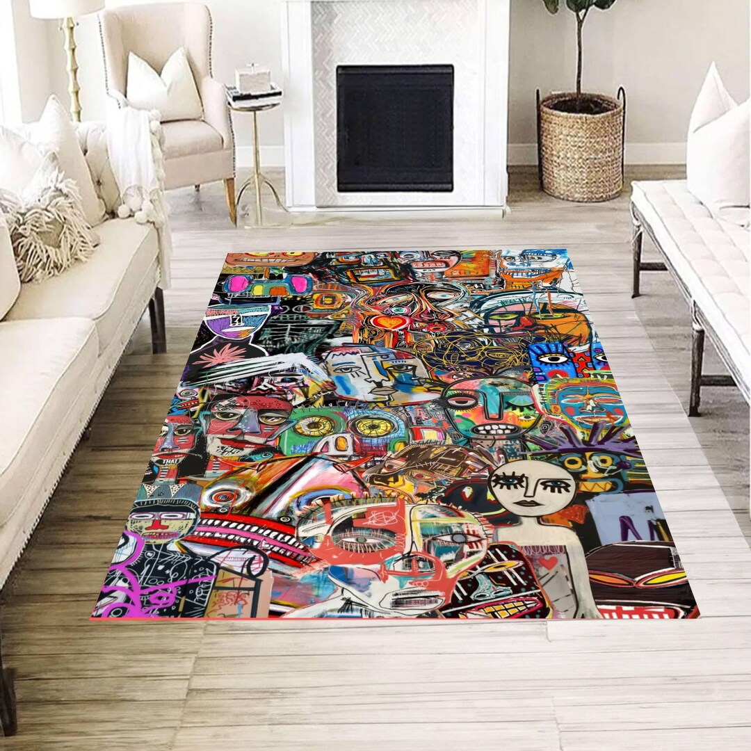 Abstract Faces Art Rug, Colorful Graffiti Carpet, Modern Artistic ...