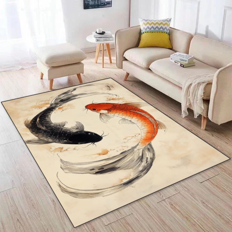 Yin Yang Koi Fish Rug, Japanese Art Style Floor Mat, Zen Minimalist ...