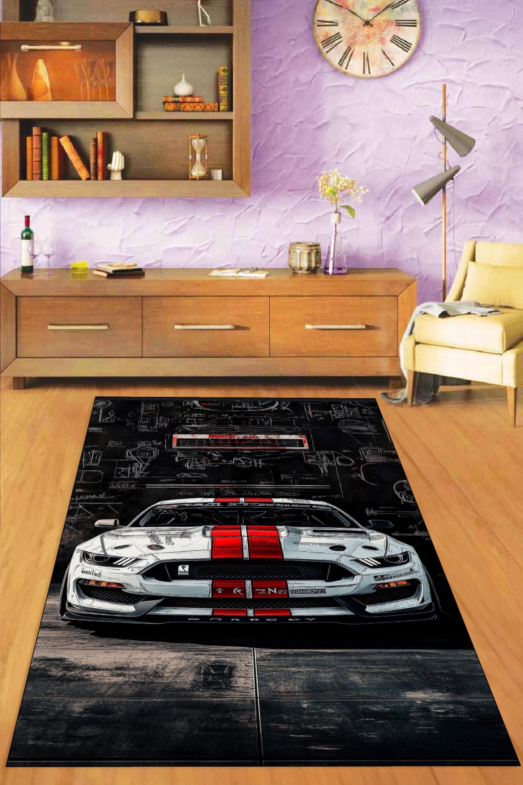 Muscle Car Blueprint Rug, Modern Automotive Art Area Carpet for Garage ...
