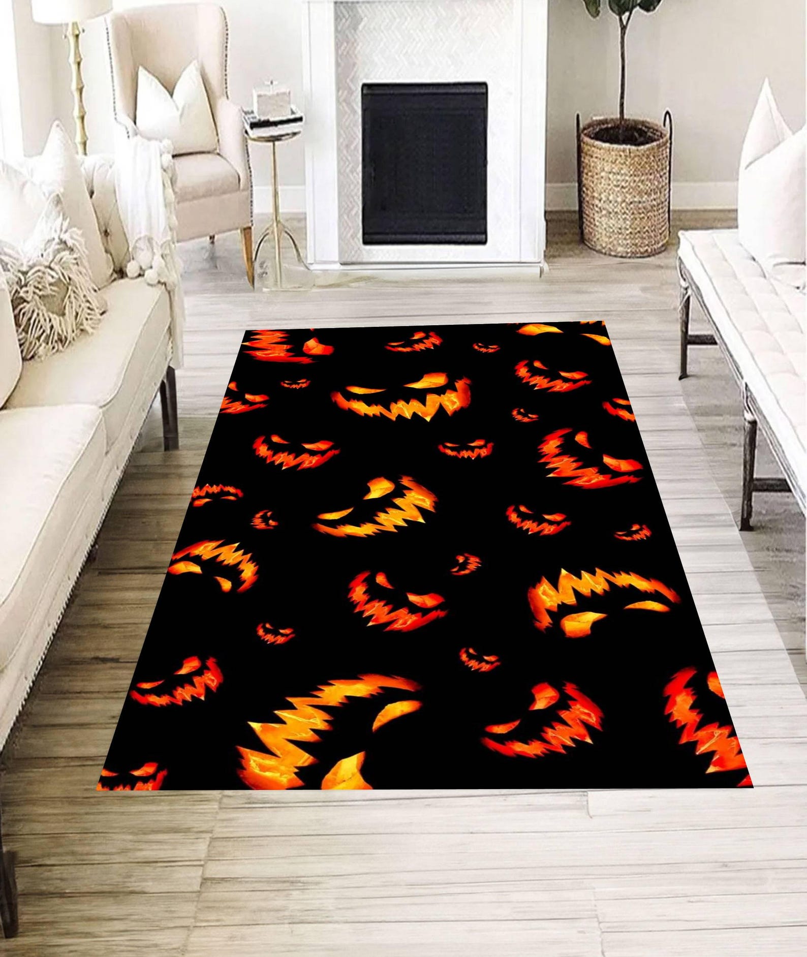 Scary Pumpkin Face Rug, Black Orange Halloween Carpet, Creepy Jack O ...