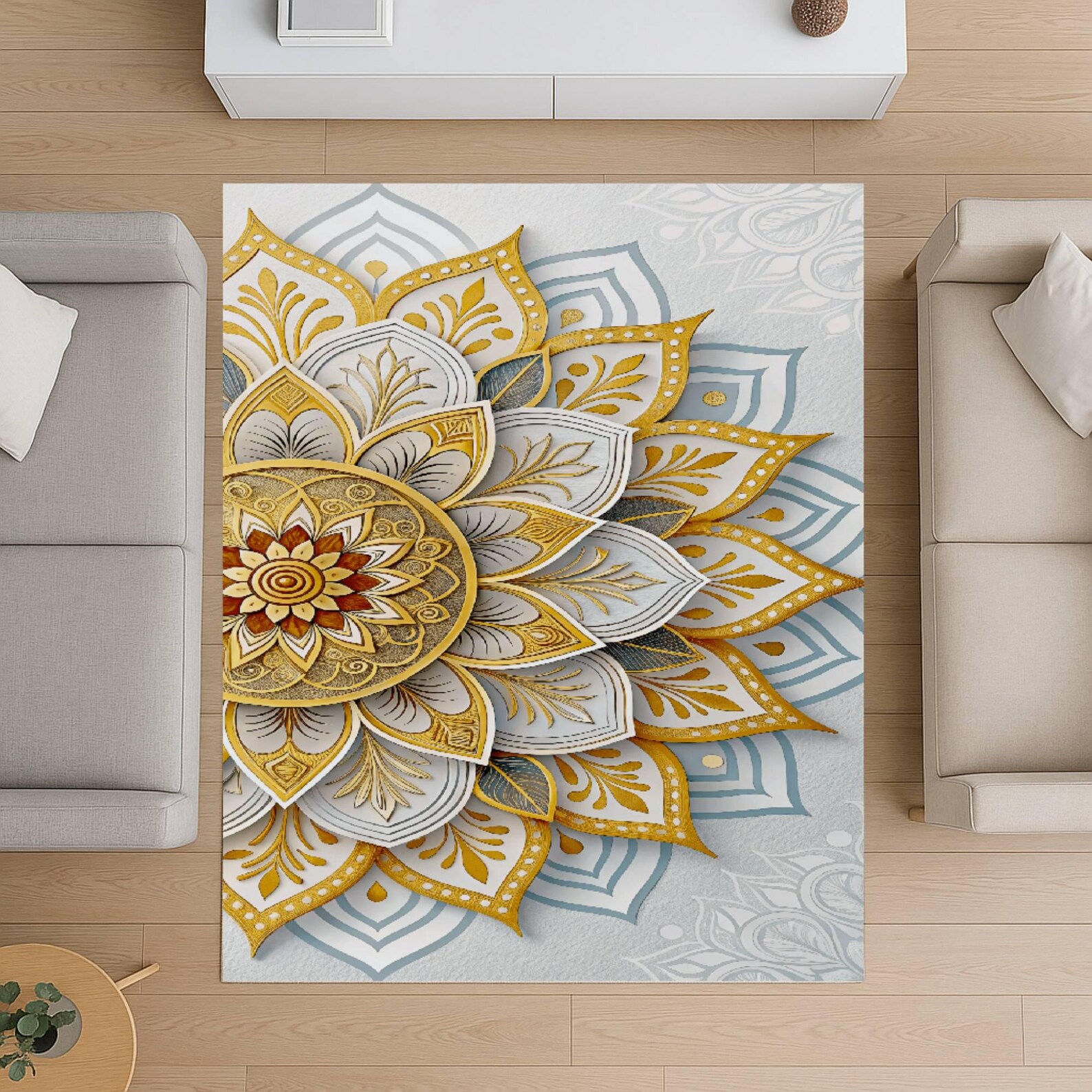Gold Mandala Floral Rug, Intricate Boho Floor Mat, Sacred Geometry ...