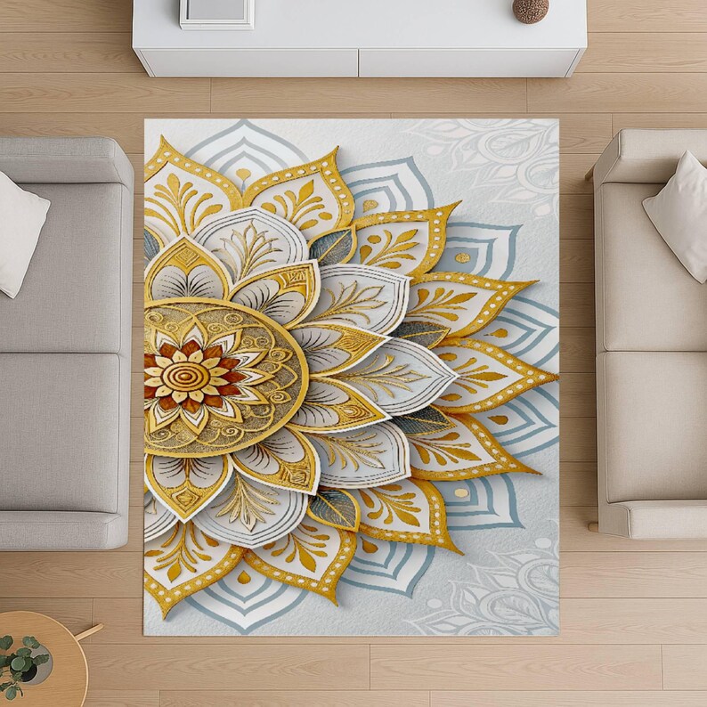 Gold Mandala Floral Rug, Intricate Boho Floor Mat, Sacred Geometry ...