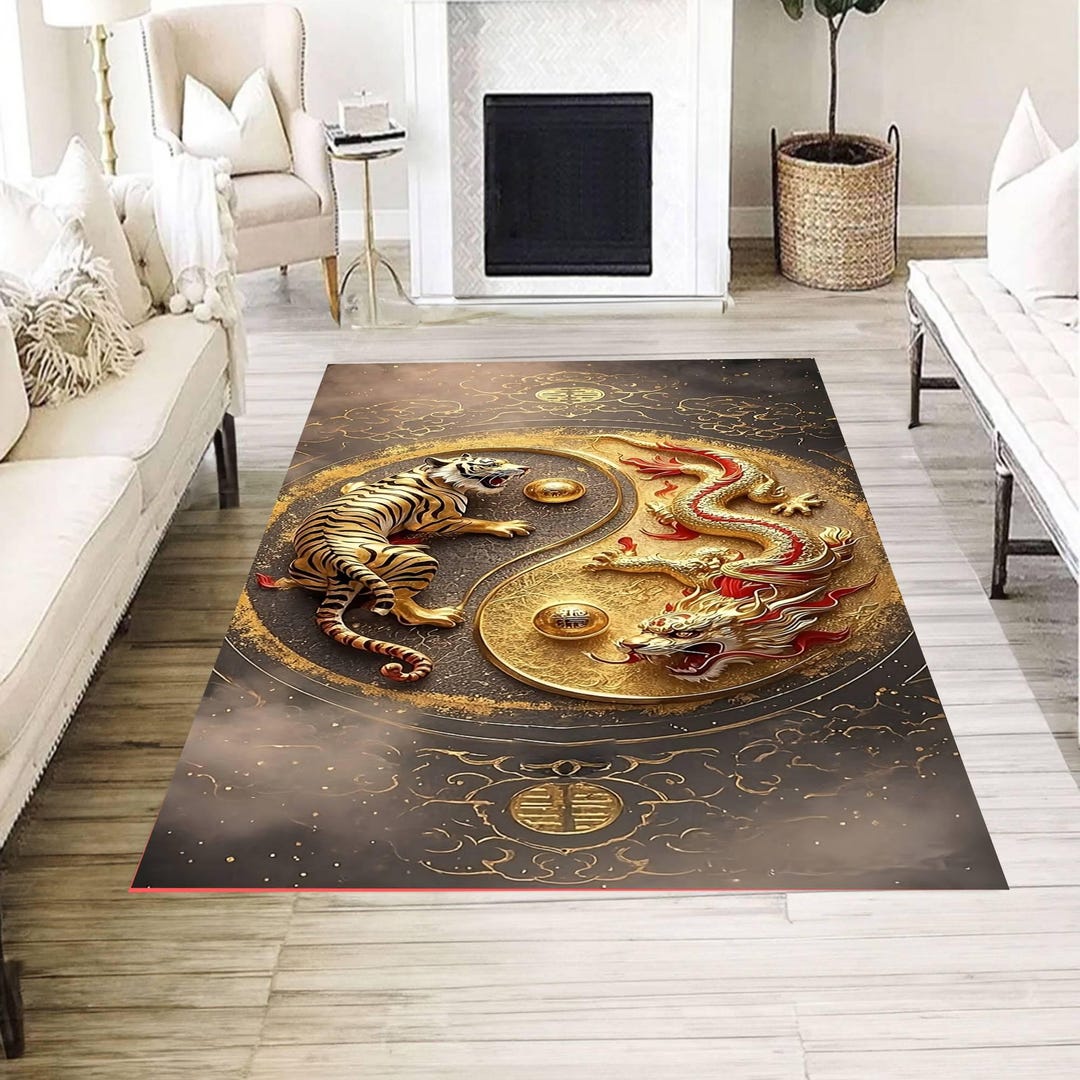 Tiger Dragon Yin Yang Rug, Asian Symbol Floor Art, Spiritual Balance ...