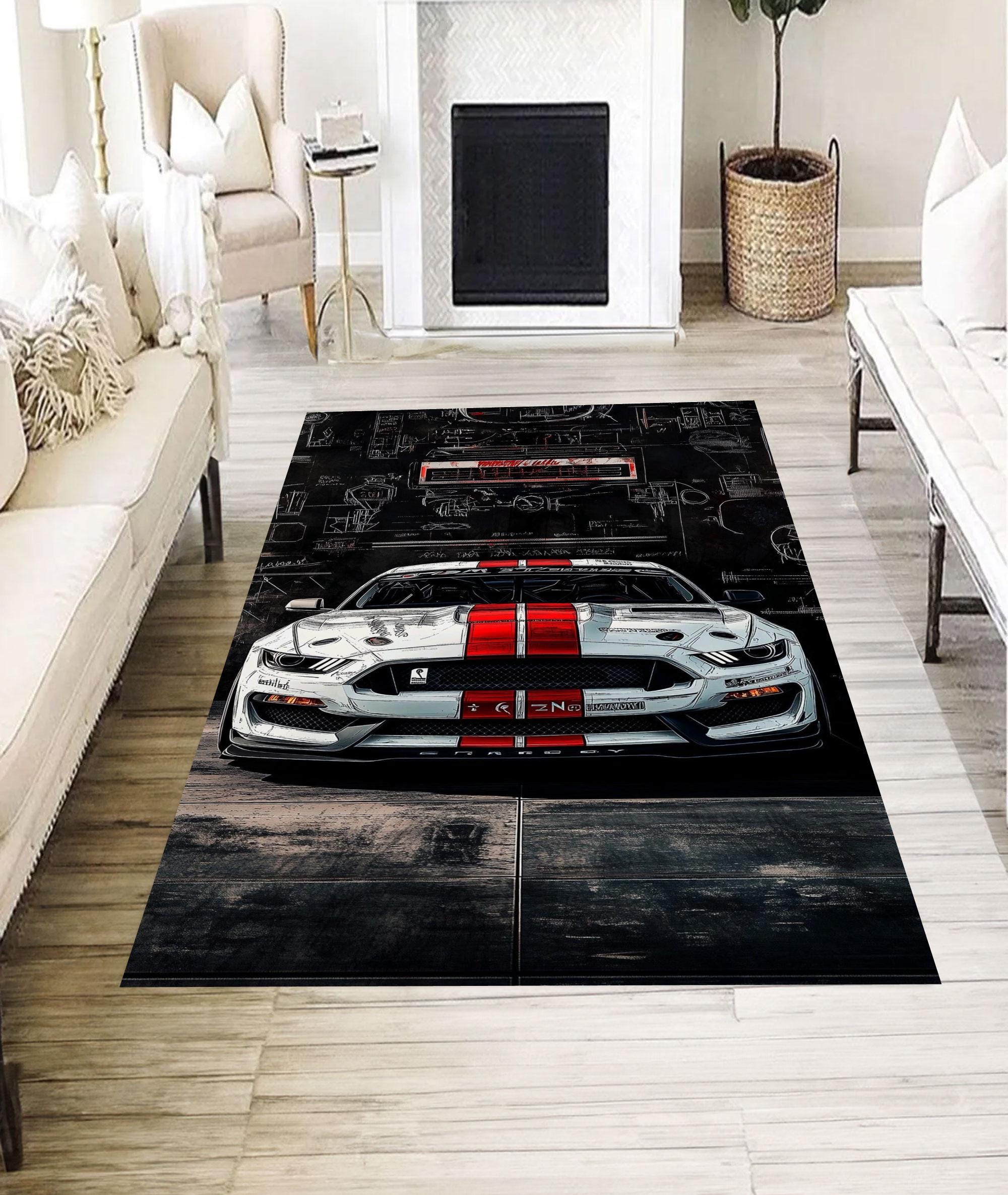 Muscle Car Blueprint Rug, Modern Automotive Art Area Carpet for Garage ...