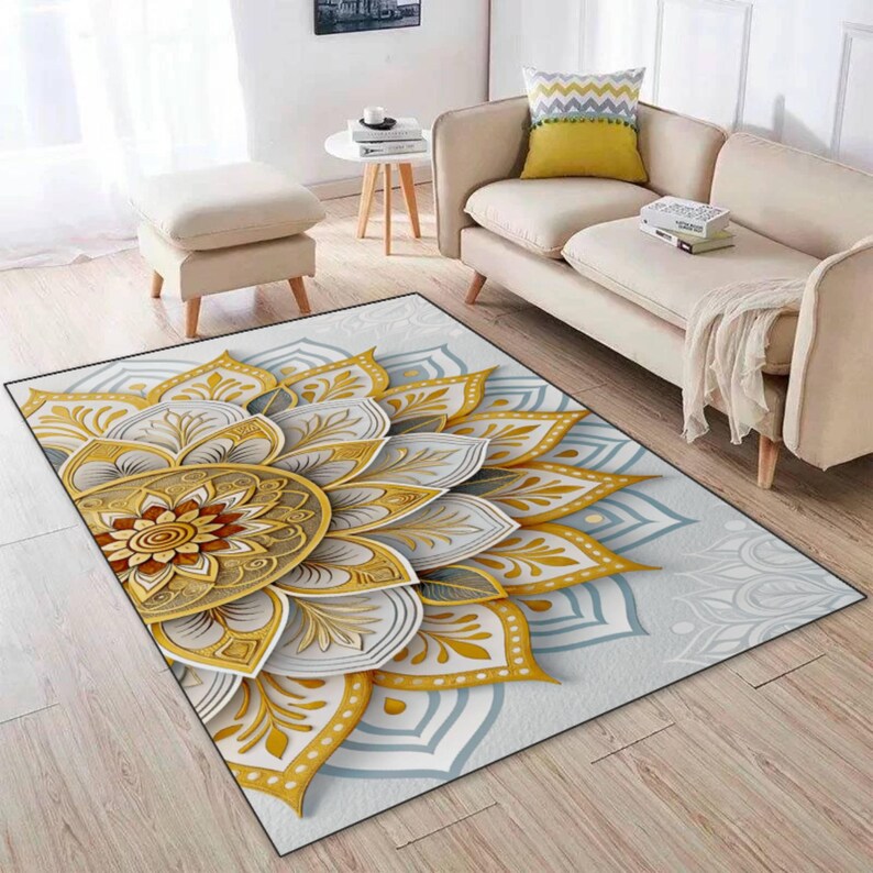 Gold Mandala Floral Rug, Intricate Boho Floor Mat, Sacred Geometry ...