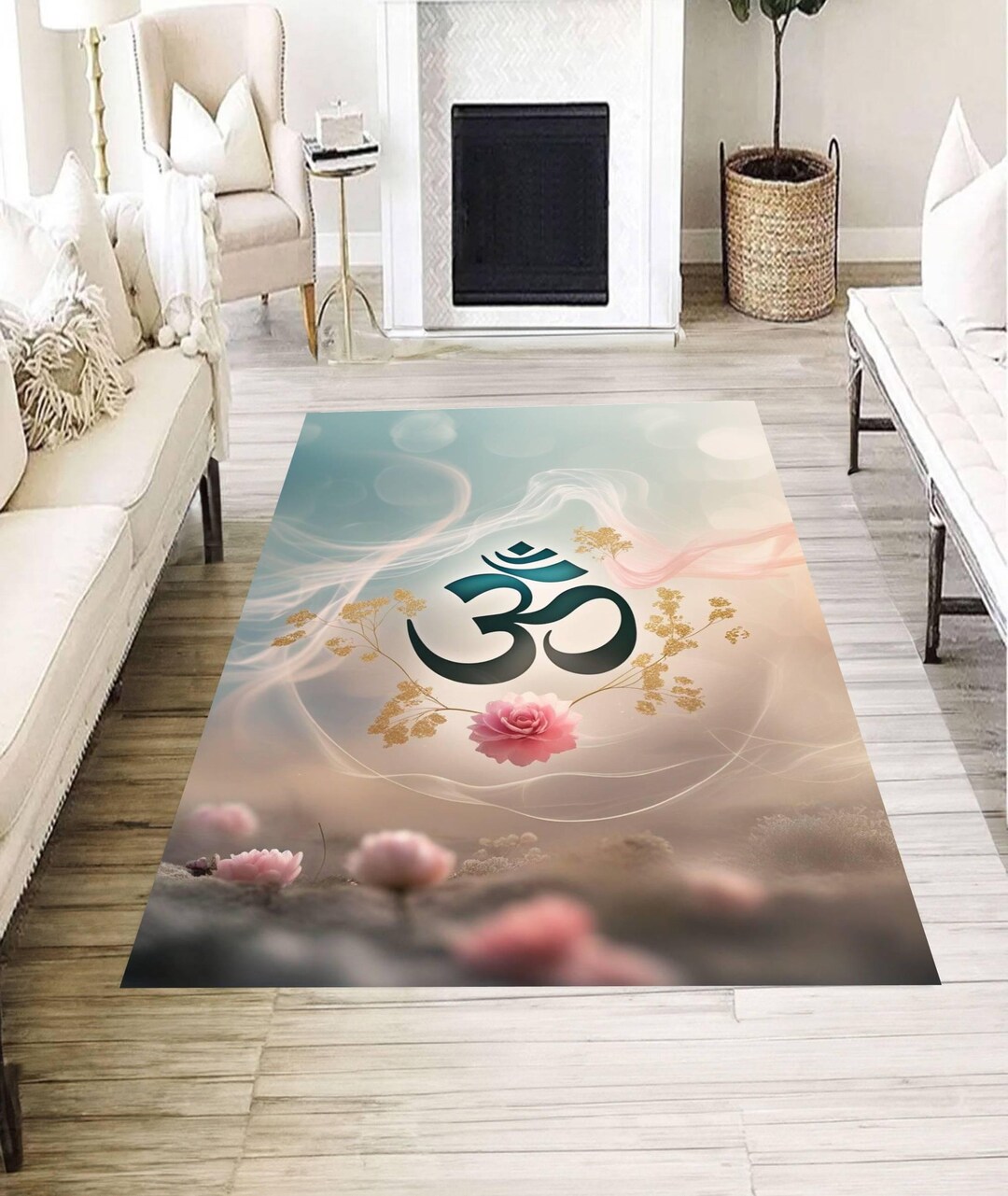 Spiritual Om Symbol Rug, Lotus Flower Meditation Carpet, Yoga Room ...