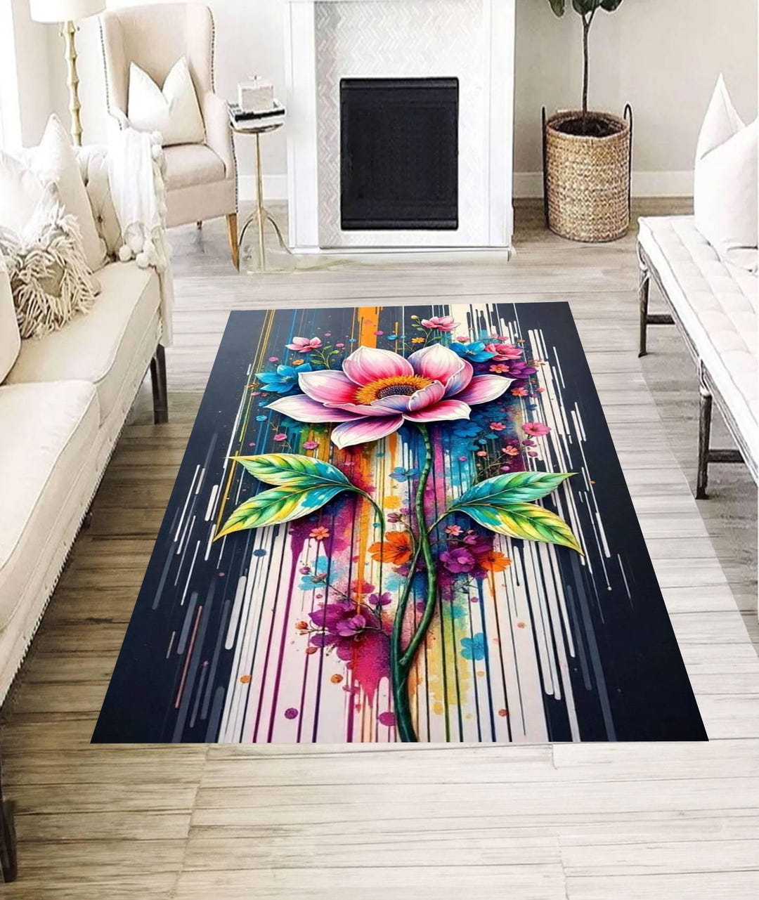 Colorful Flower Rug, Modern Lotus Carpet, Abstract Floral Floor Mat ...