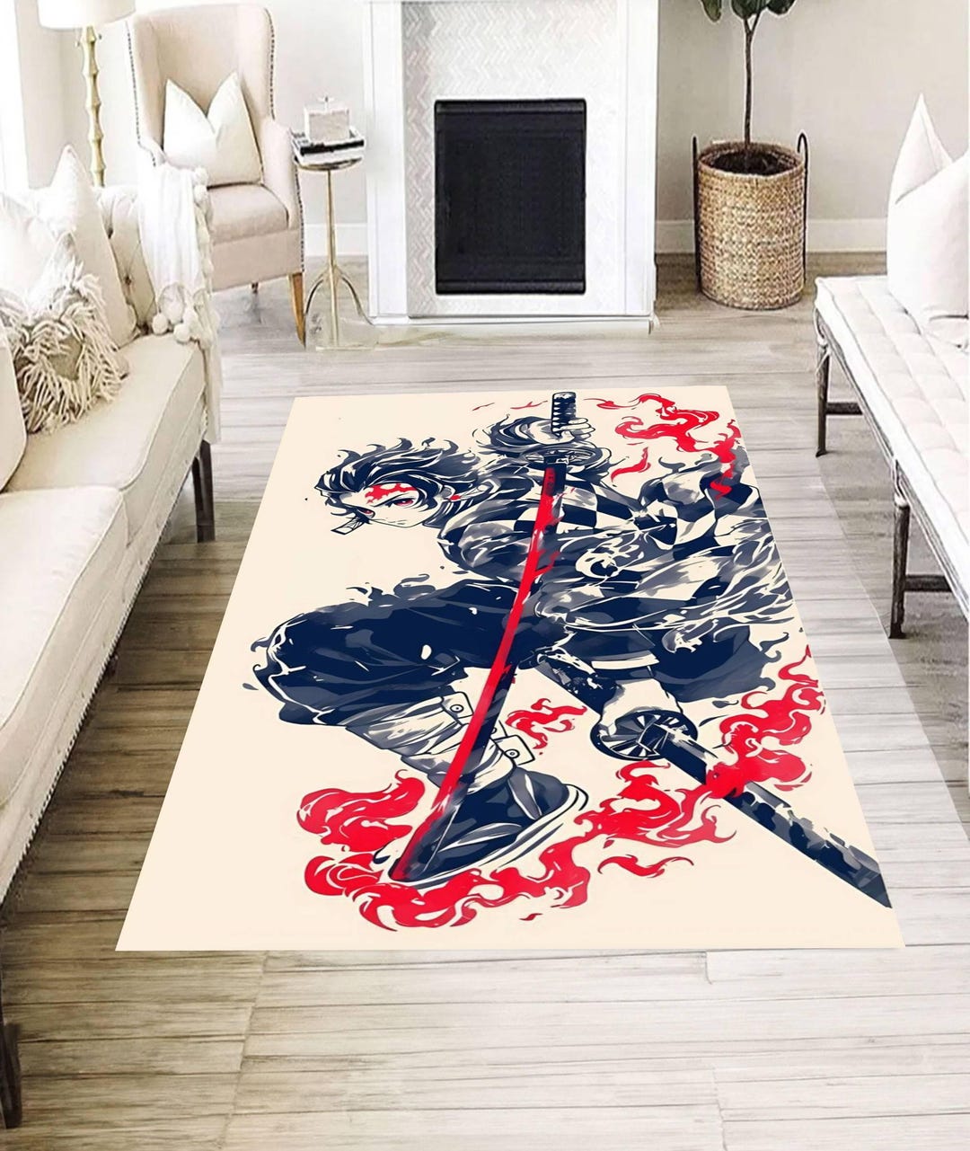 Samurai Warrior Rug, Fiery Sword Anime Carpet, Cool Japanese Style ...