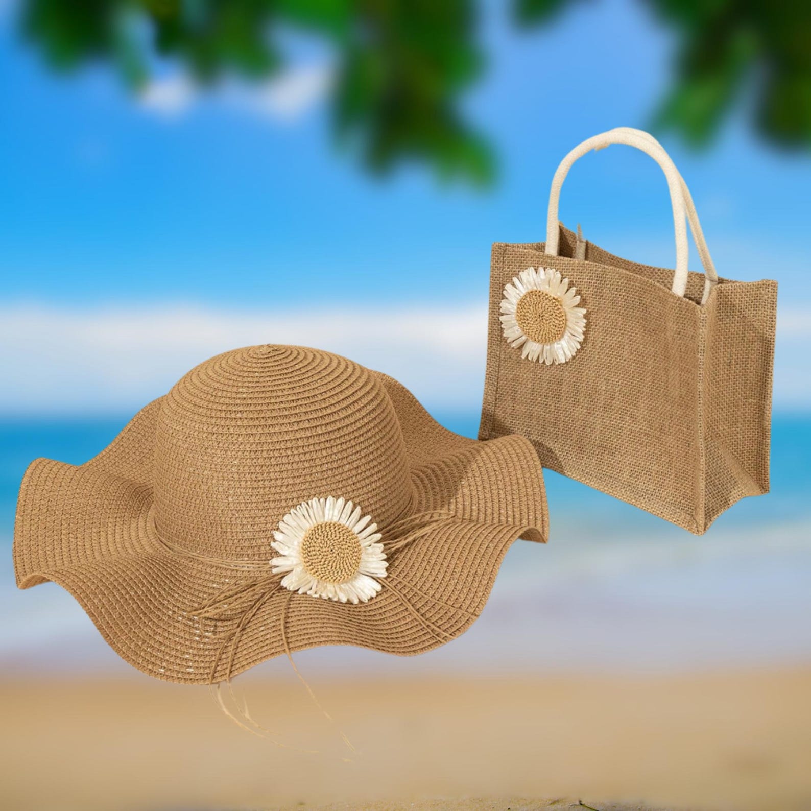 Sunflower Straw Hat and Jute Bag Set: Boho Beach Accessories - Etsy