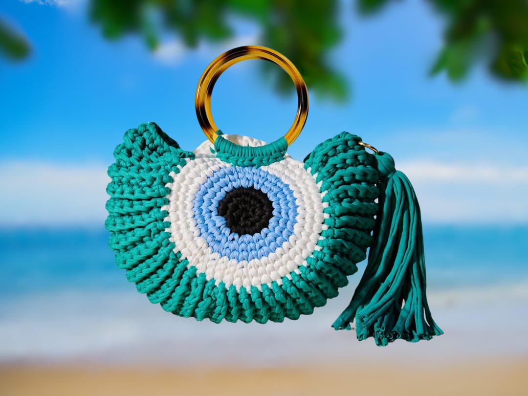 Crochet Evil Eye Handbag With Round Handle Handmade Statement Bag - Etsy