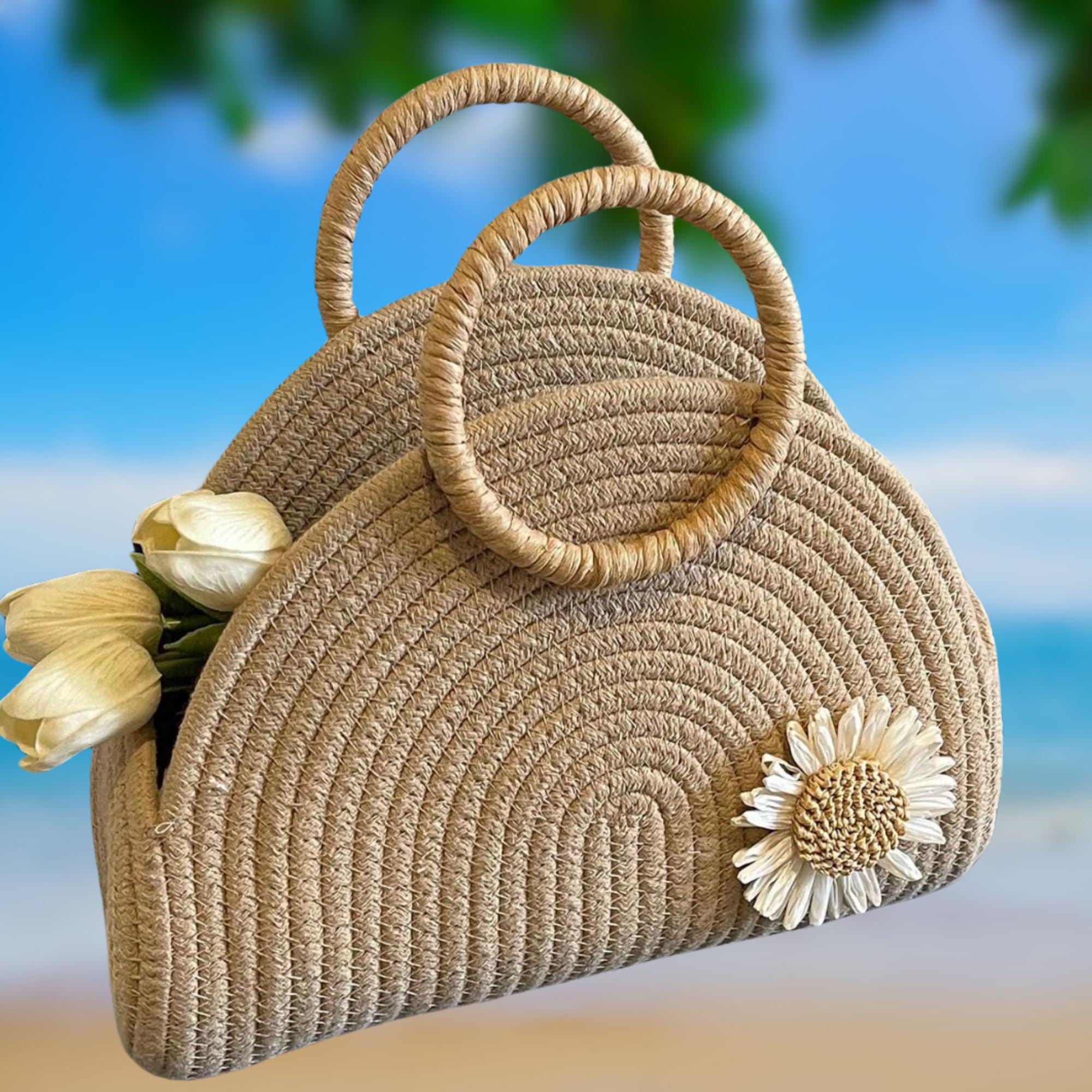 Daisy Straw Tote Bag: Woven Semi-circle Purse, Boho Beach Bag - Etsy