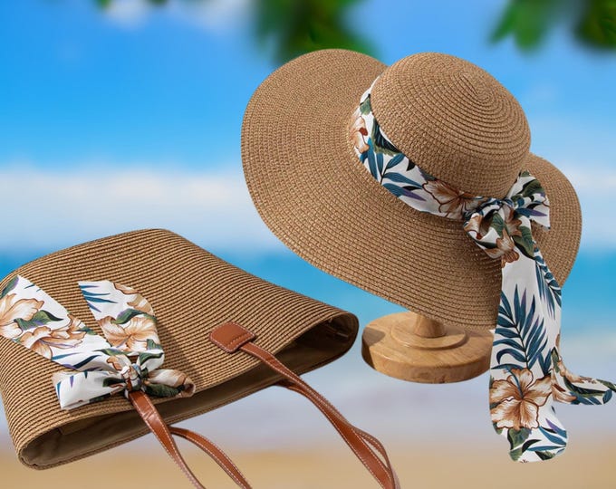 Wide Brim Straw Sun Hat & Tote Bag Set: Floral Ribbon Beach Gift - Etsy