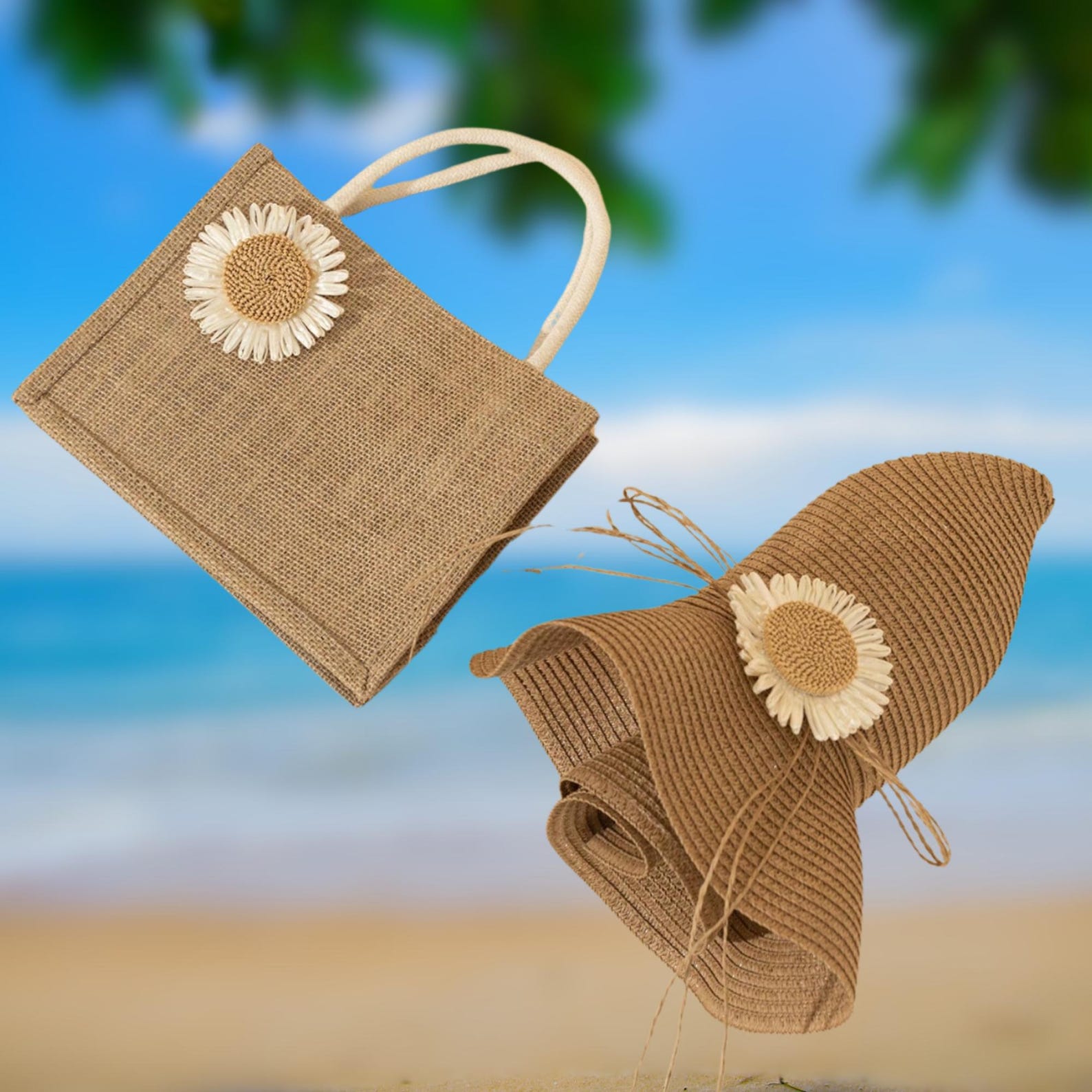 Sunflower Straw Hat and Jute Bag Set: Boho Beach Accessories - Etsy