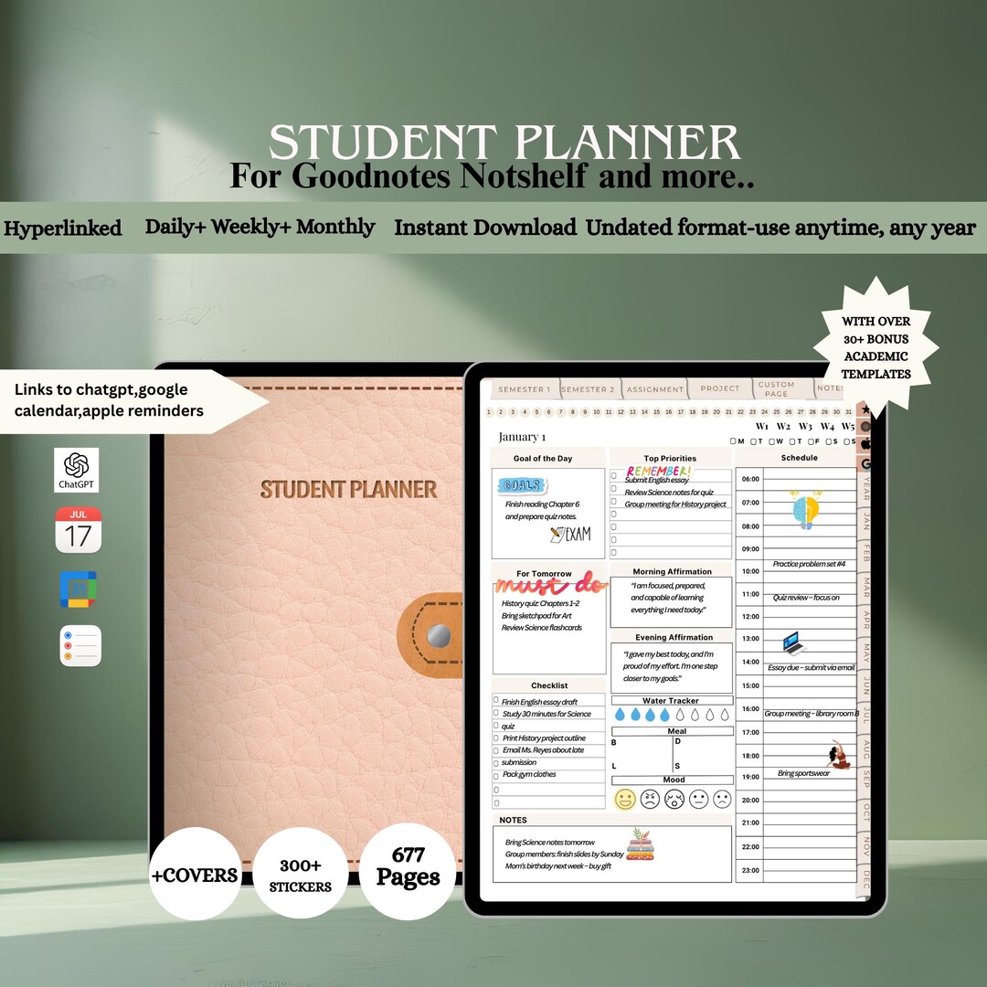 Digital Academic Planner: Undated Student Schedule With Stickers ...
