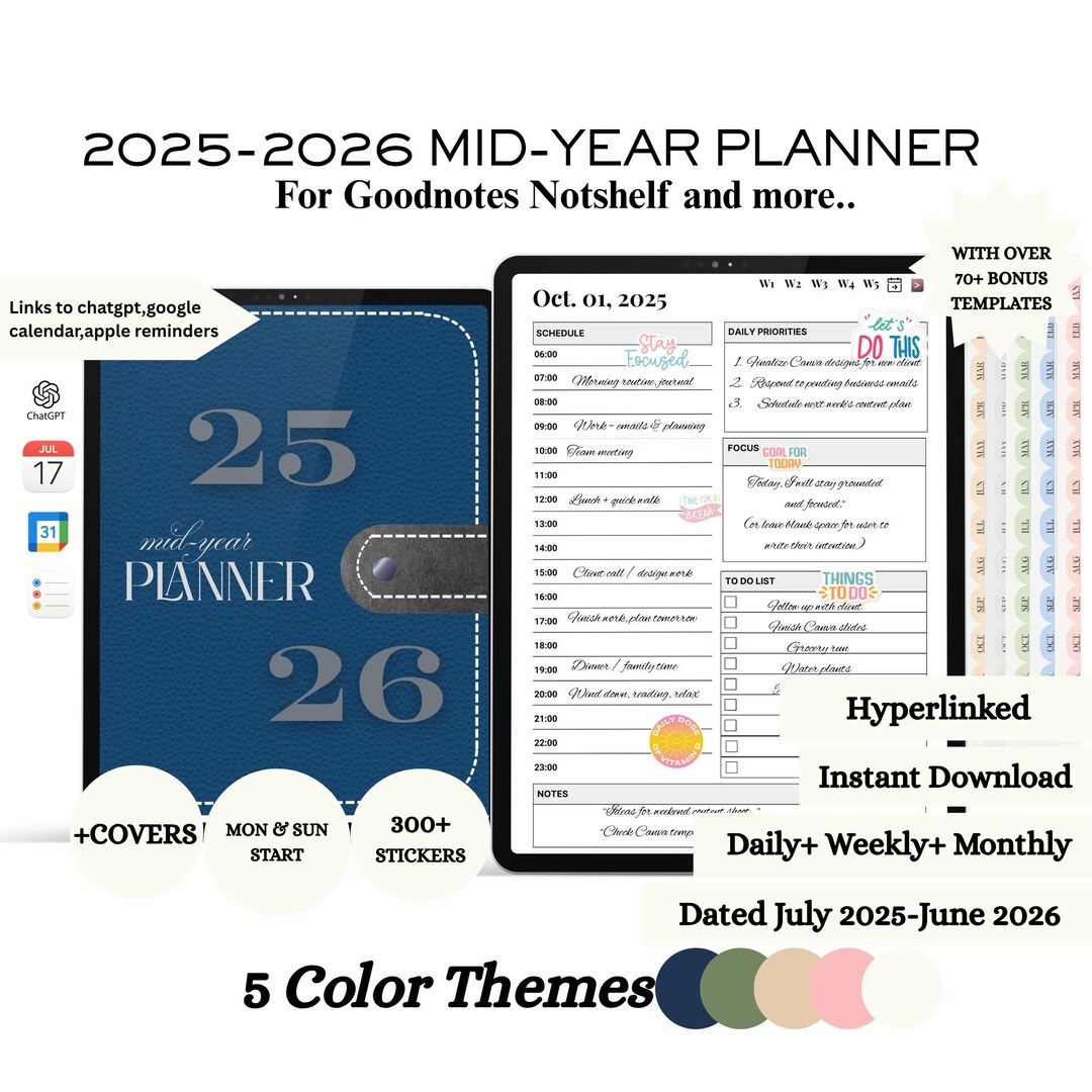 2025 2026 Mid Year Digital Planner Dated Daily Weekly & Monthly Planner ...