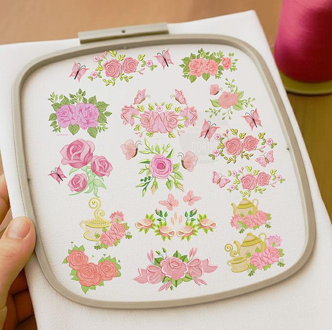 15 Pink Floral Embroidery Designs – Rose Rippled Patterns for Towels ...