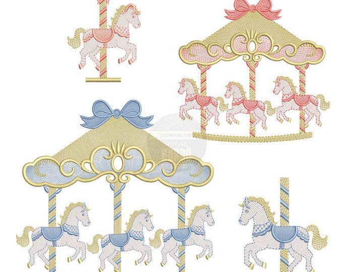 4 Designs - Carousel 3 Horses Embroidery Pattern - Rippled Style ...