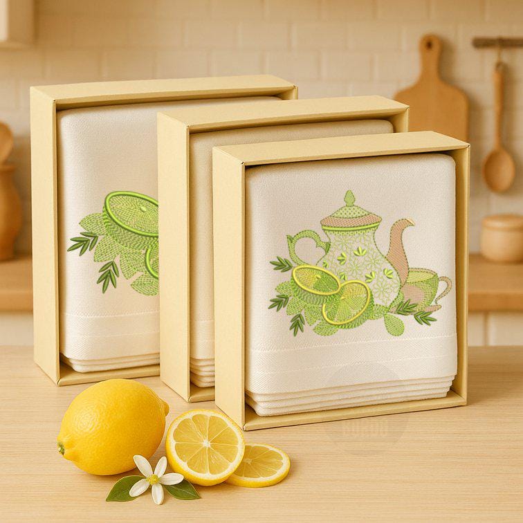 Lemon Tea Set Embroidery – Teapots, Cups & Kitchen Towels – Rippled ...