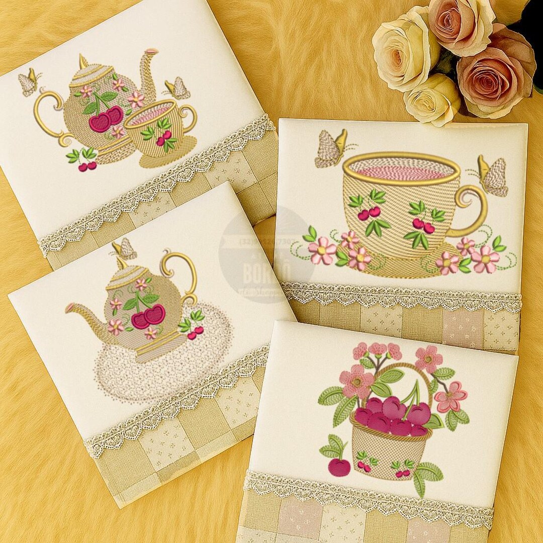 Vintage Teapot and Cherry Embroidery Designs With Cups and Flowers ...