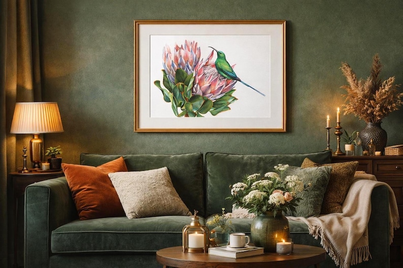 Original Watercolor Sunbird and Protea Flower Painting Bird ...