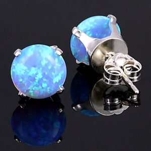 8mm Australian Azure Blue Opal Crown Set Stud Post Earrings, Solid 925 ...