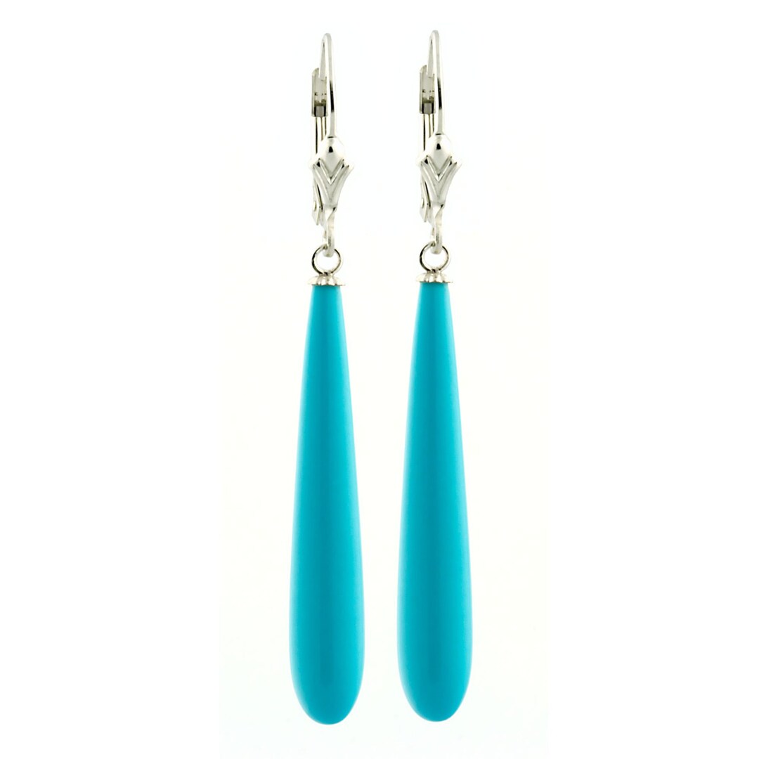 35mm Long Sleeping Beauty Turquoise Teardrop Lever Back Earrings, Solid ...
