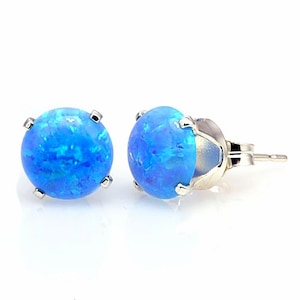 8mm Australian Azure Blue Opal Crown Set Stud Post Earrings, Solid 925 ...