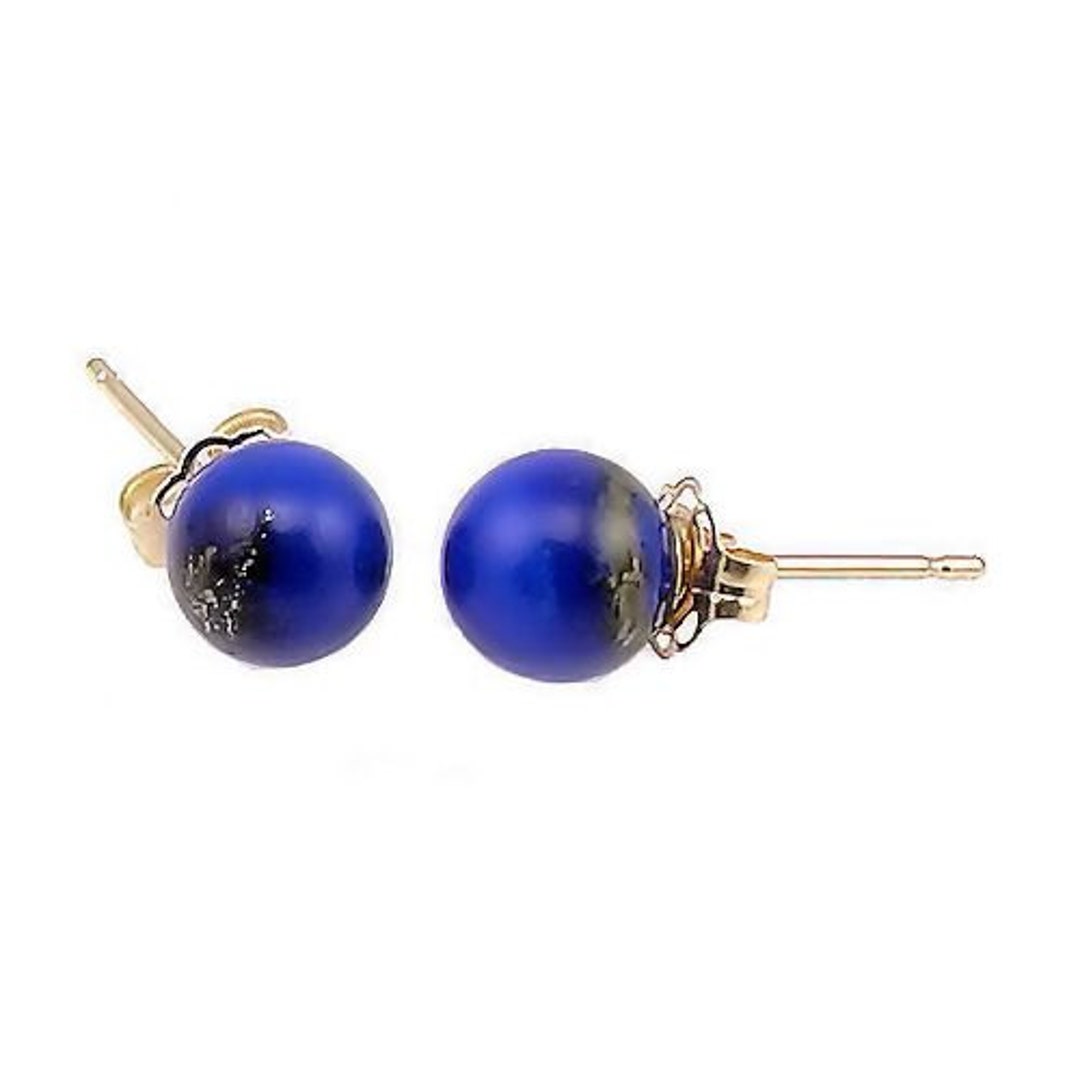 6mm Natural Lapis Lazuli Ball Stud Post Earrings, Solid 14K Yellow Gold ...