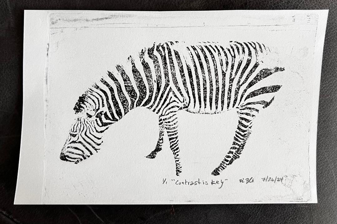 Zebra "contrast is Key" Acrylic Monoprint, Original One of a Kind 5" X ...