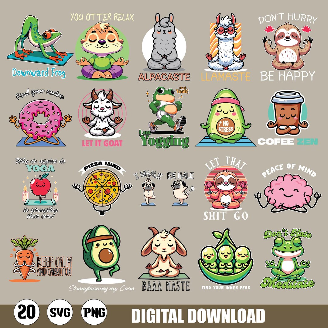 Funny Yoga Animals SVG Bundle, Cute Meditation Clipart, Sloth Frog ...