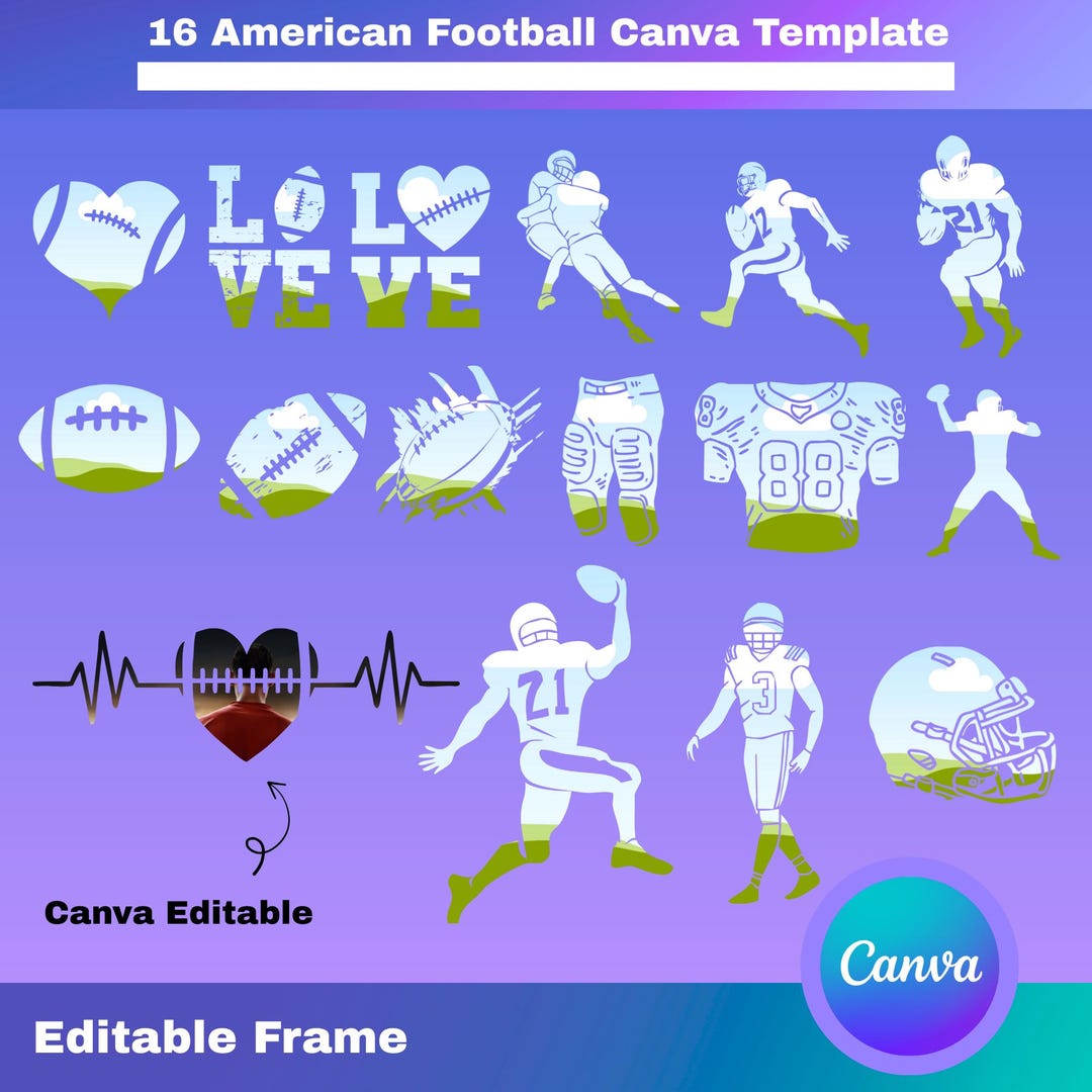 American Football Canva Template Bundle | 16 Editable Frames PNG ...