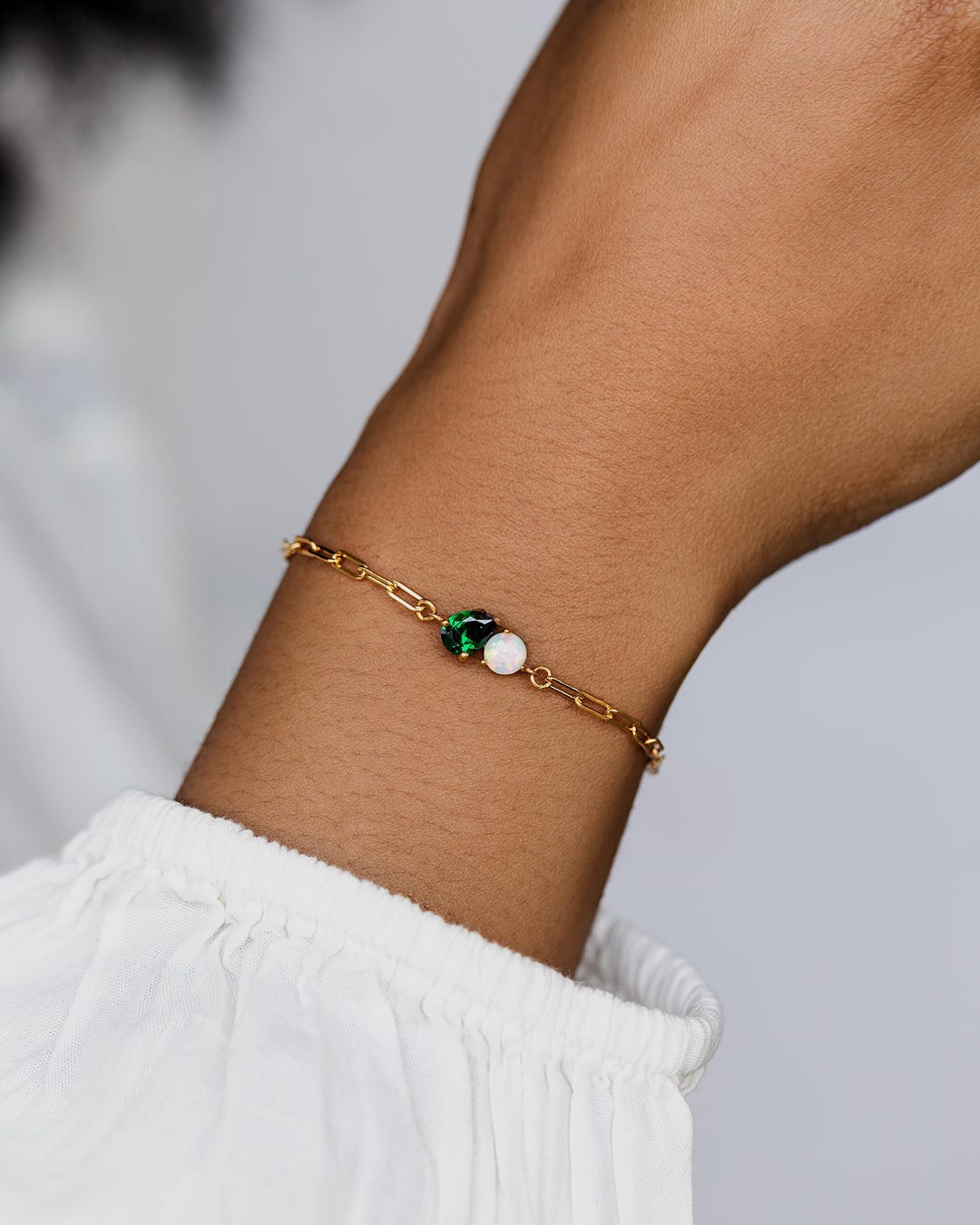 Opal Birthstone Pearl Bracelet • Paper Clip Box Chain Pear Bracelet ...