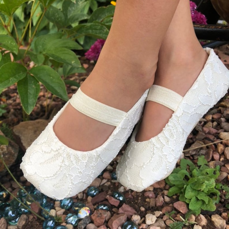 Ivory or White Lace Ballet Slippers With Elastic - Flower Girl Shoes ...