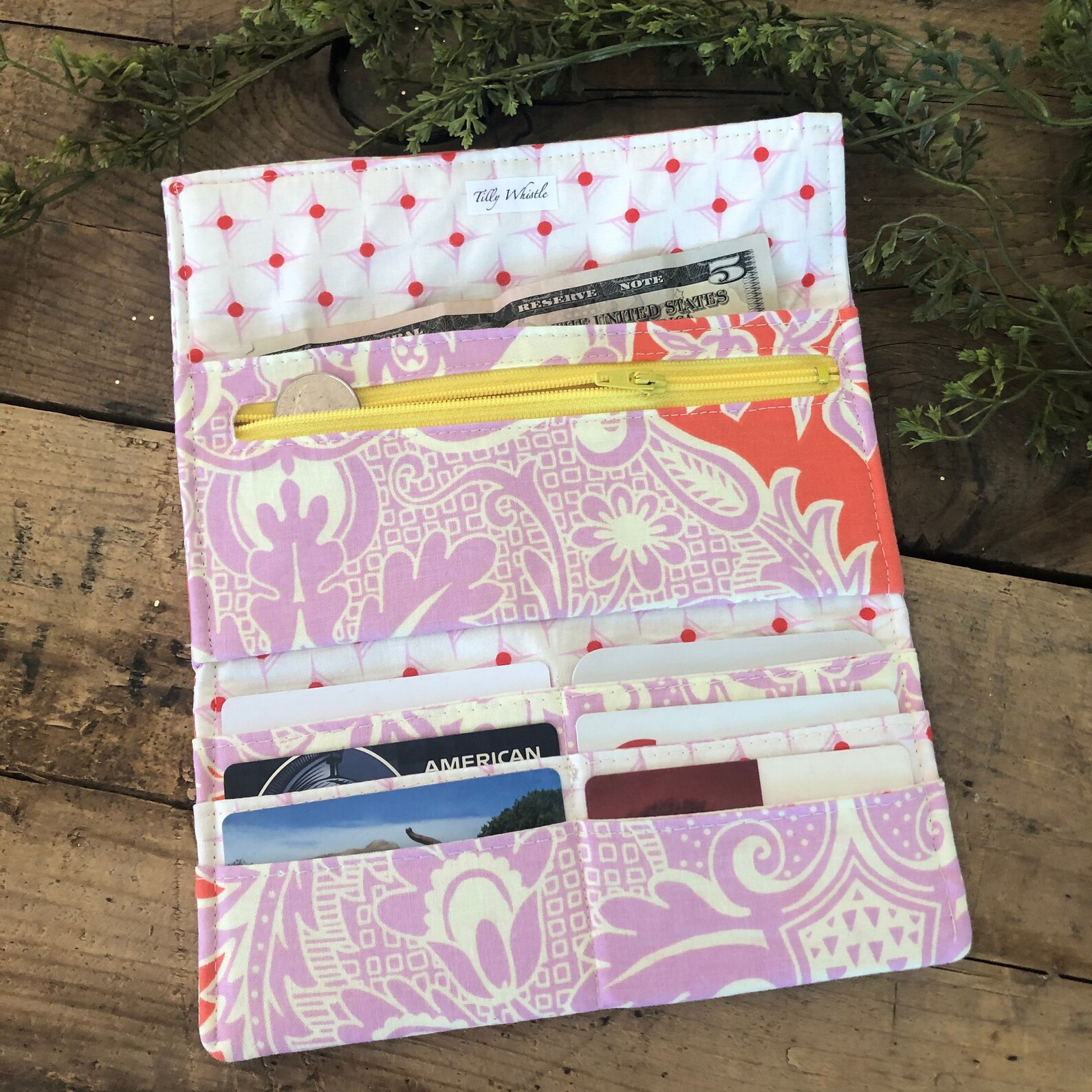 Fabric Wallet Coral and Lilac With Zipper Pocket Girls Wallet - Etsy