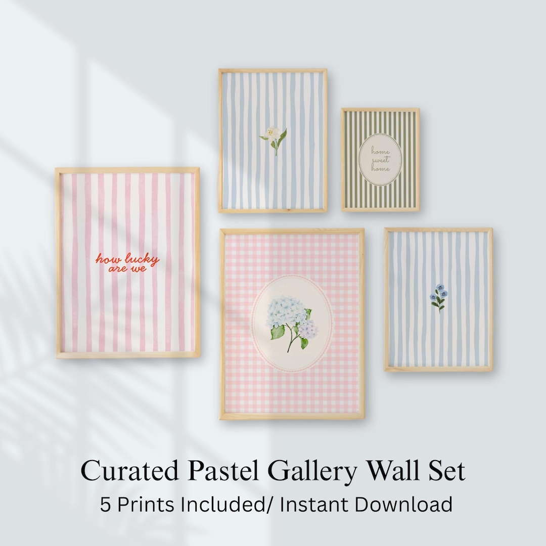 Printable Gallery Wall Set 5 Prints, Pastel Floral Stripe Wall Art ...