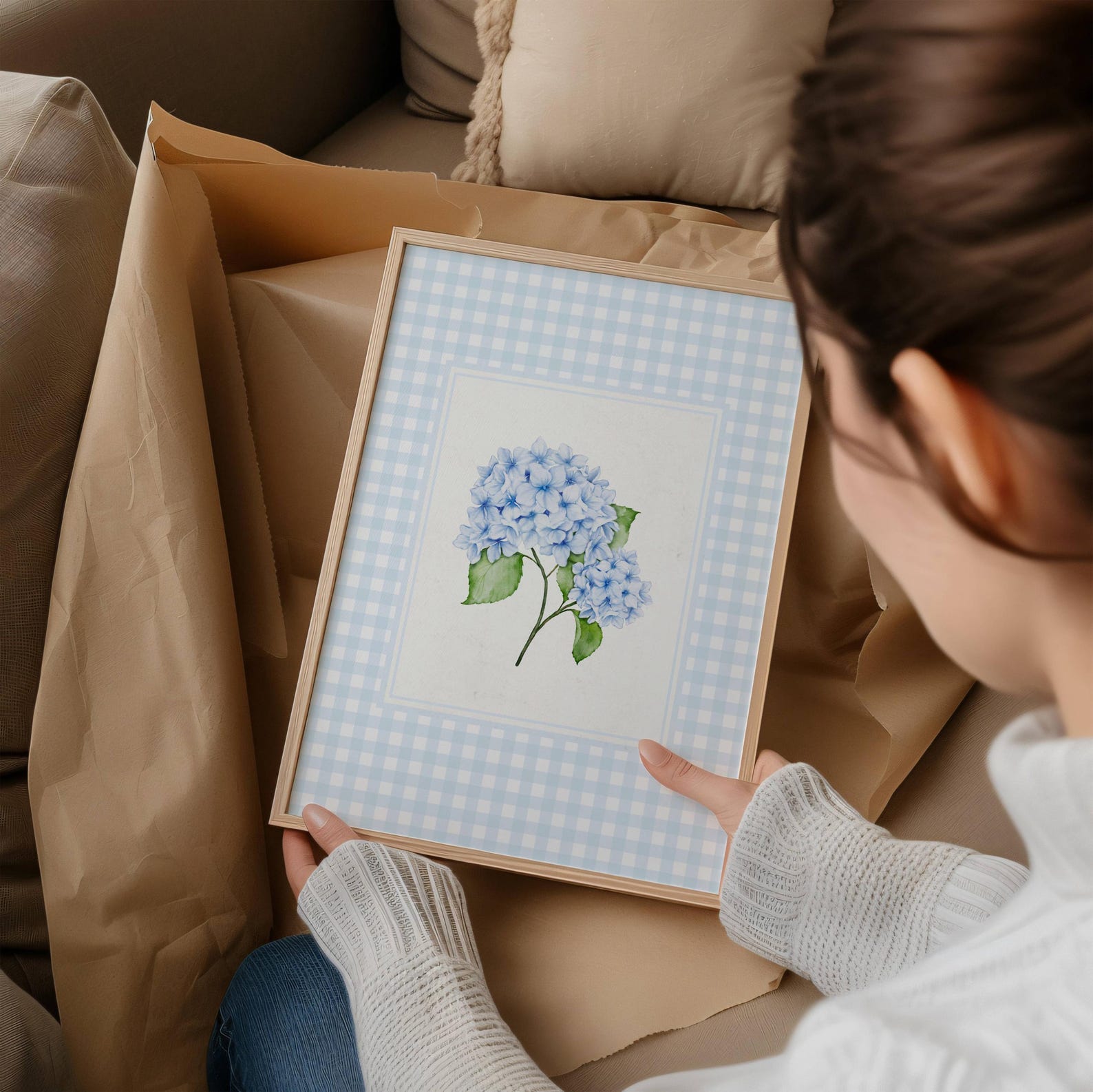 Blue Hydrangea Wall Art Print, Preppy Floral Art Poster, Blue Gingham ...