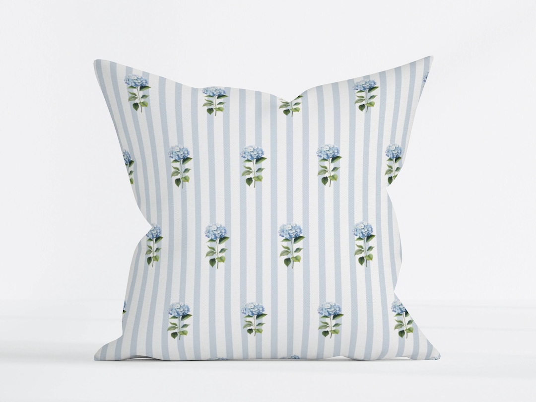 Blue Hydrangea Stripe Dorm Pillow Cover, Preppy Floral College Room ...