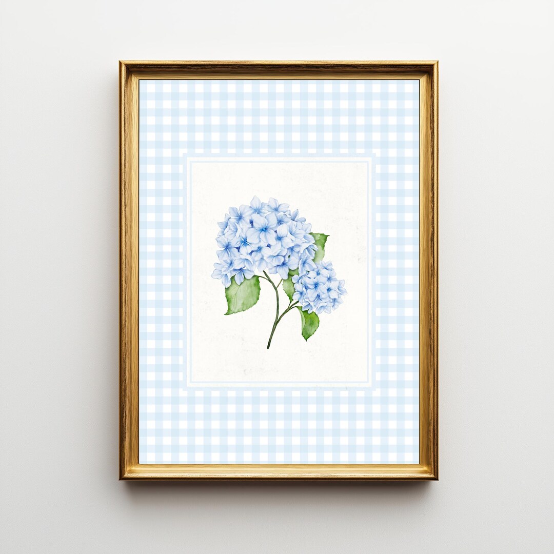 Blue Hydrangea Wall Art Print, Preppy Floral Art Poster, Blue Gingham ...