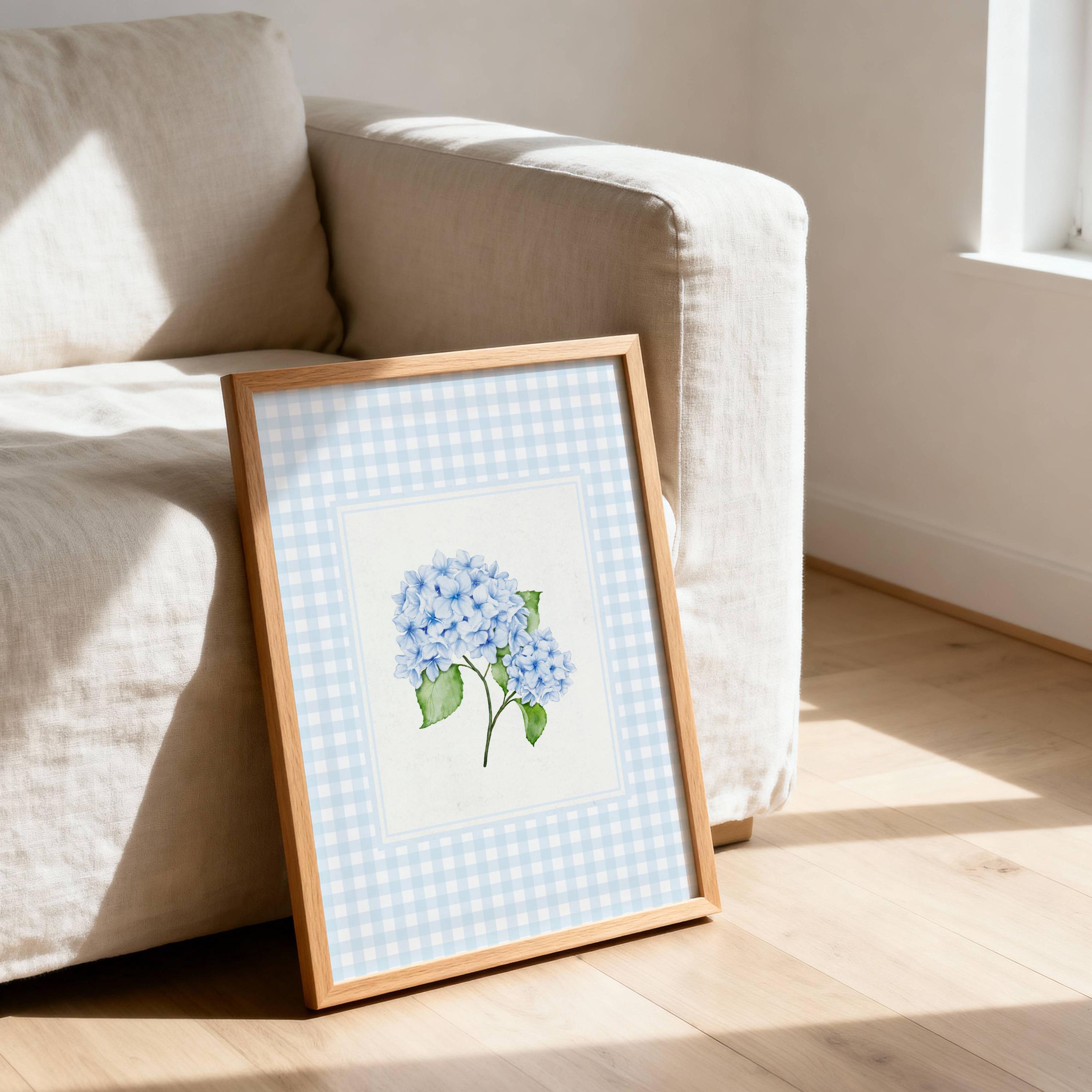 Blue Hydrangea Wall Art Print, Preppy Floral Art Poster, Blue Gingham ...