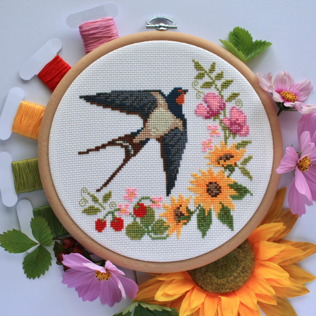 Swallow Bird & Summer Flowers Cross Stitch Pattern (PDF Download) - Etsy