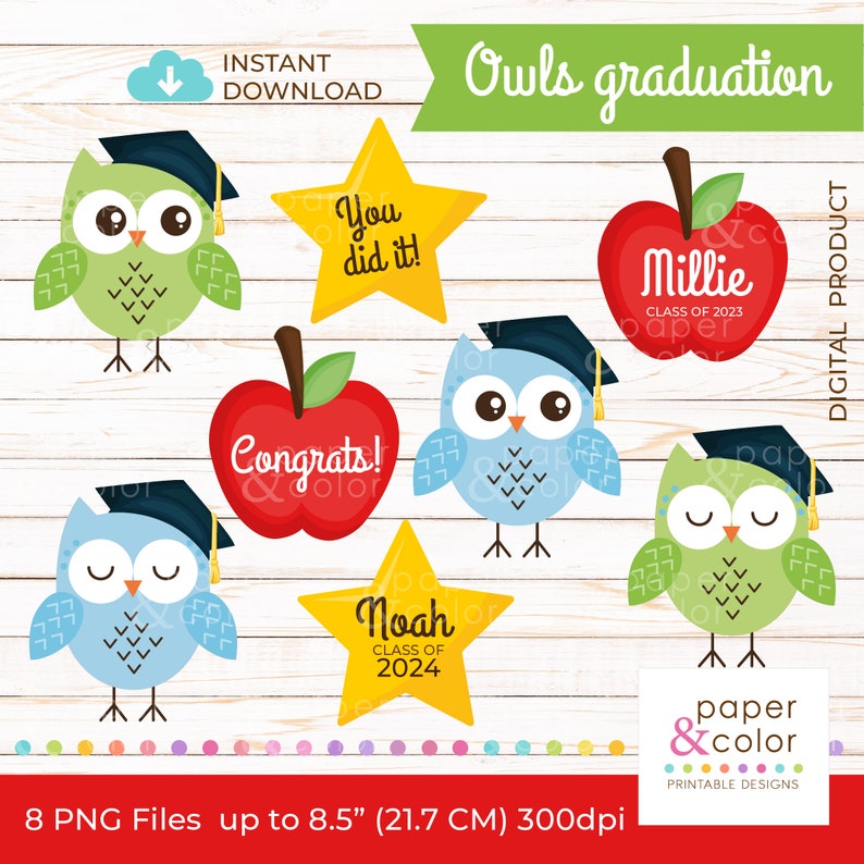 Graduation Owls Clipart, Graduation Owls, PNG, Graduation Decoration, Kindergarten Graduation ...