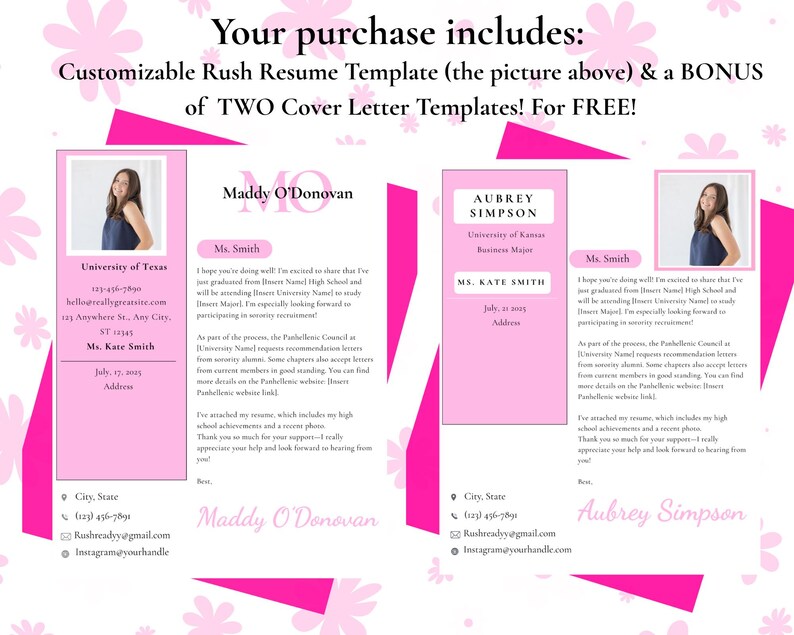 Sorority Rush Resume Template With Cover Letter (digital Download) - Etsy