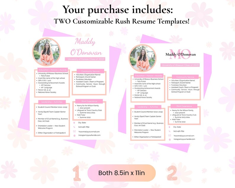 Sorority Rush Resume Template, Customizable Cover Letter (digital ...