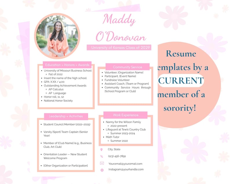 Sorority Rush Resume Template, Customizable Cover Letter (digital ...