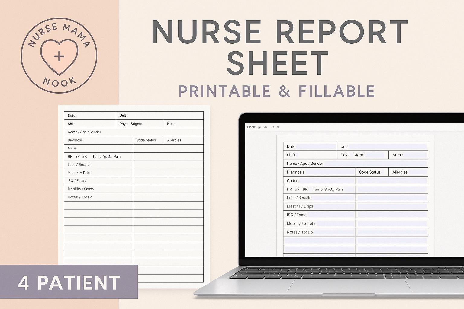 Nurse Report Sheet - Printable & Fillable | 4 Patient Shift Report ...
